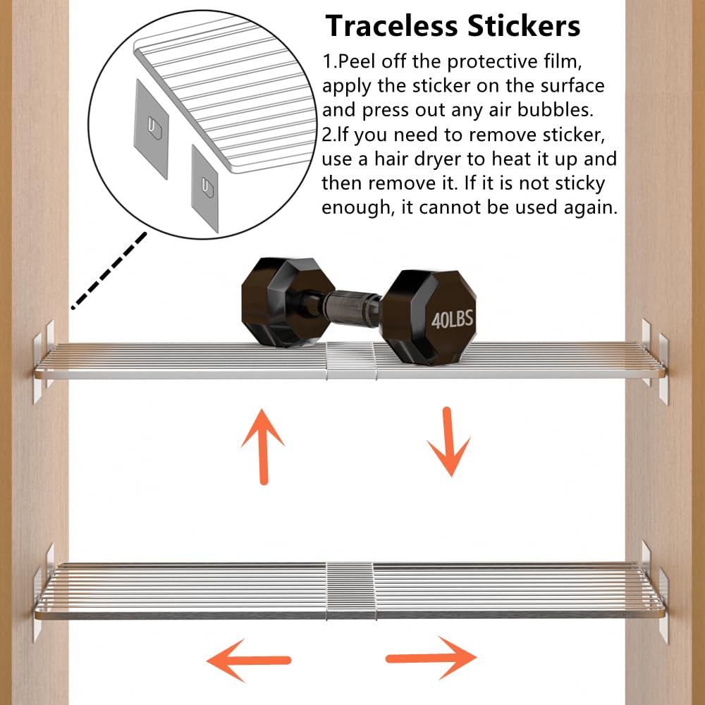 Slideep Expandable Closet Wire Shelves Stainless Steel, Heavy Duty Tension Shelf Cabinet Organizer, Strong Adhesive Closet Divider Organizer System (Large, 3Pack)
