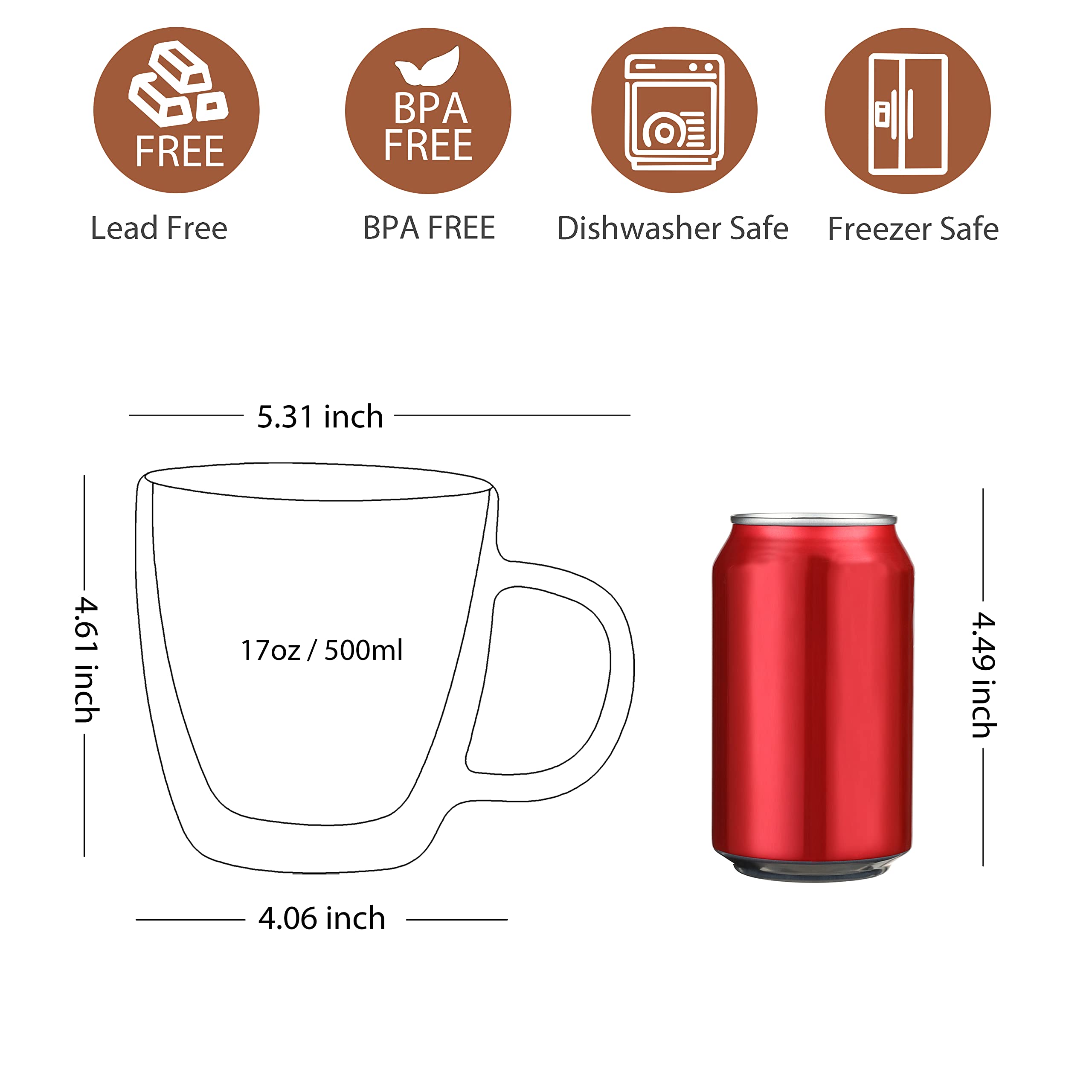 CNGLASS Large Double Wall Glass Coffee Mug 17 oz,Insulated Glass Coffee Cups with Handle,Set of 2