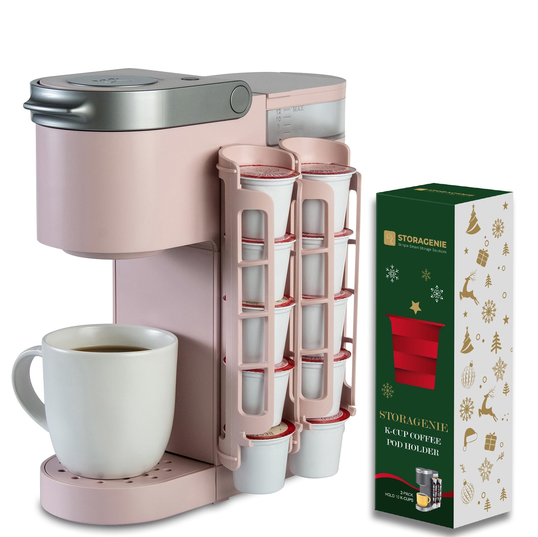 STORAGENIE Coffee Pod Holder Side Mount K Cup Pods Dispenser compatible with Keurig Coffee Makers, Perfect for Small Counters, Holiday Version(2 Rows/For 10 K Cups, PINK)
