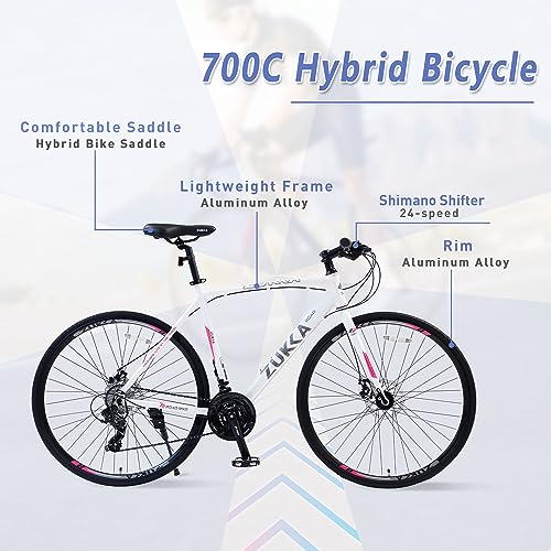 MAKELEN Road Bike for Men and Women Alloy Frame City Bicycle 700 c Wheel Set / 24 Speed/Disc Brake White&Grey