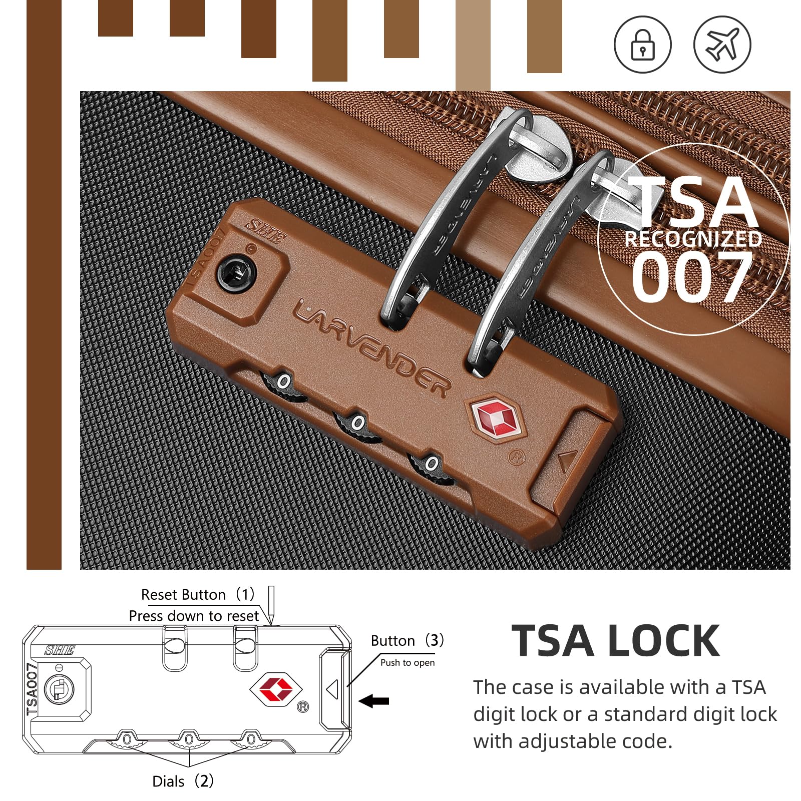 LARVENDER Luggage Sets 5 Piece Hard Shell Expandable Suitcase Set with Double Spinner Wheels TSA Lock (Black Brown, 5 Piece Set)