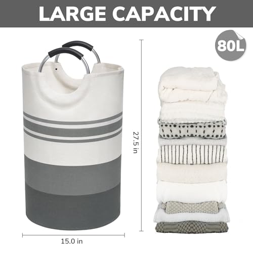 CHICVITA Large Laundry Basket Dirty Clothes Hamper, Collapsible Laundry Baskets for College Dorm, Foldable Dirty Clothes Basket, Canvas Laundry Bag with Handles, 1 Pack, 80L, Grey