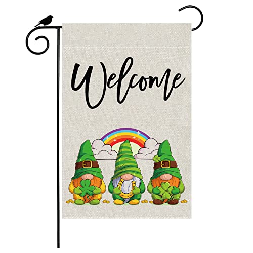 BOTB LIHM St Patricks Day Garden Flag Welcome Gnomes Lucky Clover 12×18 Inch Vertical Double Sided Small Yard Flag Spring Holiday Garden Outdoor Decorations