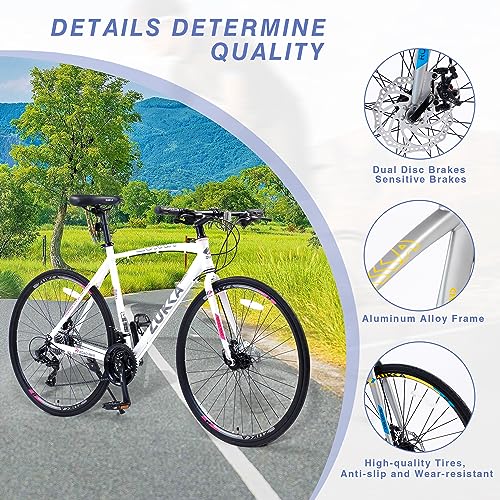 MAKELEN Road Bike for Men and Women Alloy Frame City Bicycle 700 c Wheel Set / 24 Speed/Disc Brake White&Grey