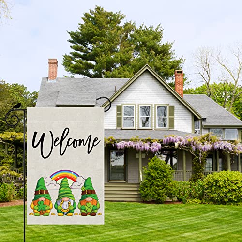BOTB LIHM St Patricks Day Garden Flag Welcome Gnomes Lucky Clover 12×18 Inch Vertical Double Sided Small Yard Flag Spring Holiday Garden Outdoor Decorations