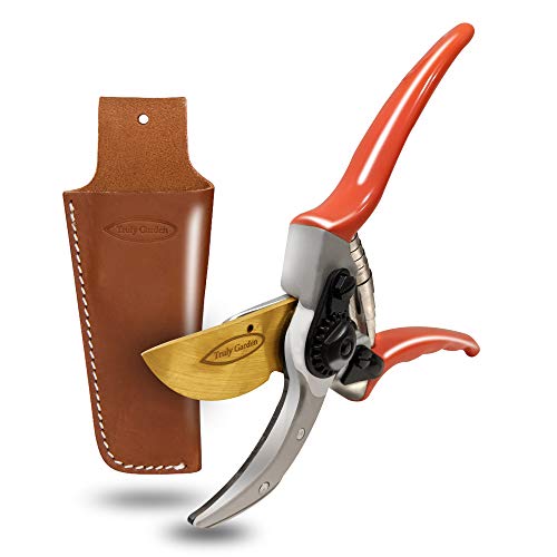 Hand Pruners with Leather Sheath. These 8.5" Bypass Pruning Shears have a forged aluminum handle and hardened steel blade.