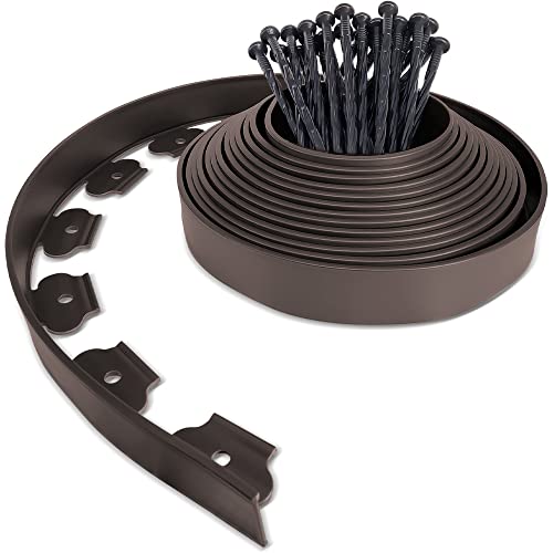 VOUNOT Landscape Edging No-Dig with 30 Anchoring Stakes 33 Feet Plastic Edging Border Flexible for Lawn, Yard, Garden 2 Inch Tall Brown