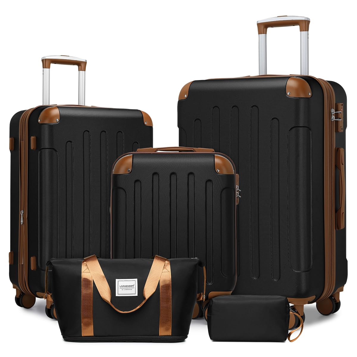 LARVENDER Luggage Sets 5 Piece Hard Shell Expandable Suitcase Set with Double Spinner Wheels TSA Lock (Black Brown, 5 Piece Set)