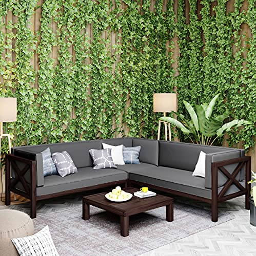 Merax Patio Furniture Sets 4 Pieces, Outdoor Solid Wood Sectional Sofa with Soft Cushions & Coffee Table, Grey