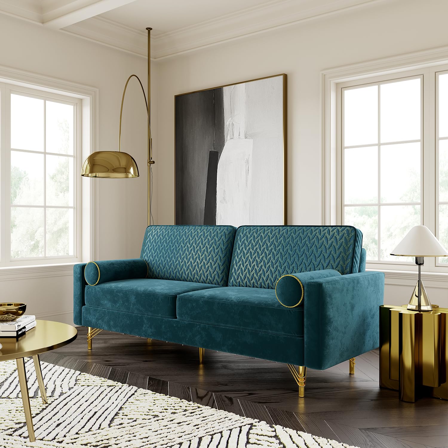 YaoYaoJia 79'' Luxury Velvet Sofa,Mid-Century Modern Loveseat with Bolster Pillows,3 Seater Sofa with Gold Metal Legs,Comfy Couches for Living Room Bedroom Apartment (Teal)