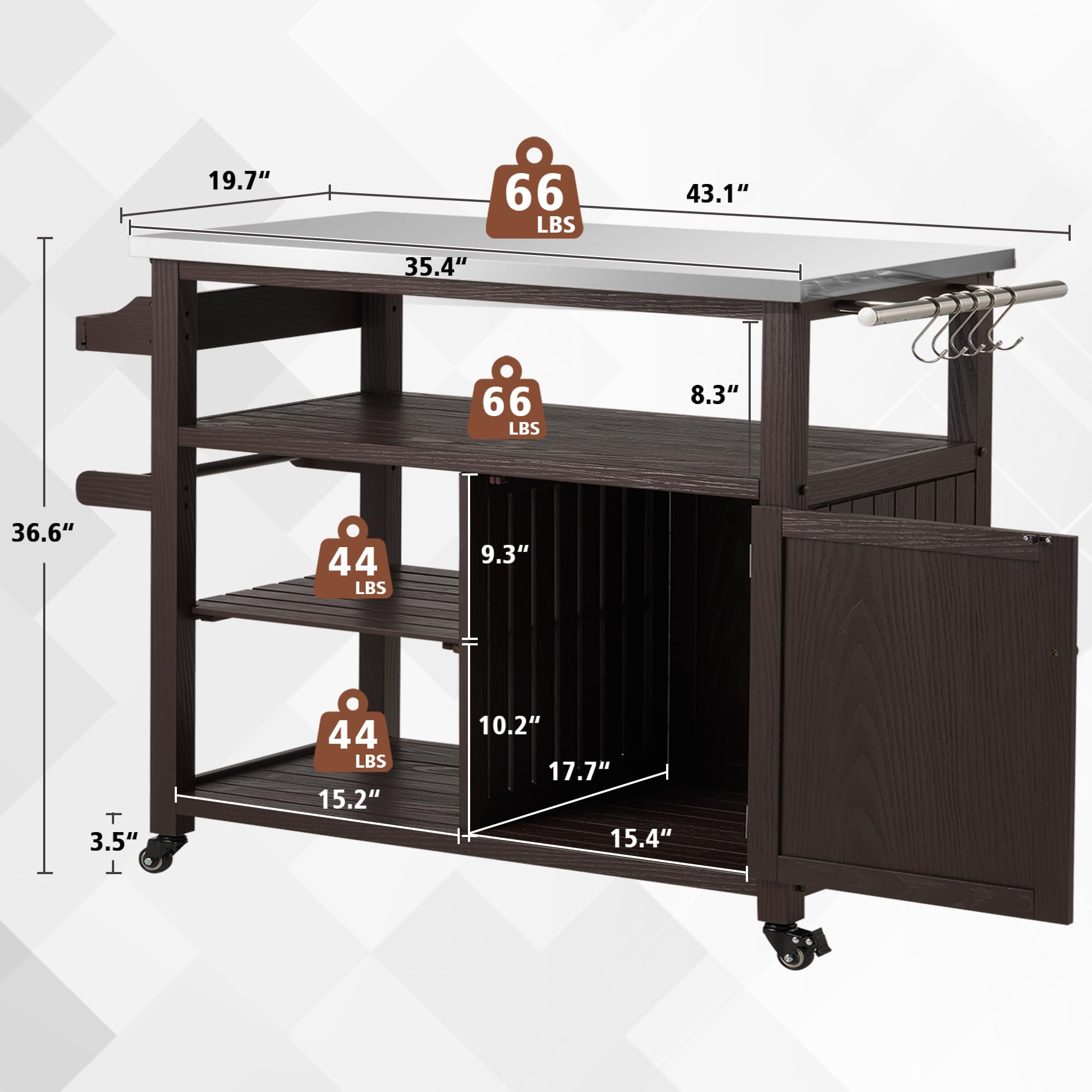 AHB Outdoor Grill Table Solid Wood Storage Cabinet, Rolling Kitchen Island, Movable Bar Cart with Stainless Steel Top for Outside Patio, Backyard, Garden (Brown)