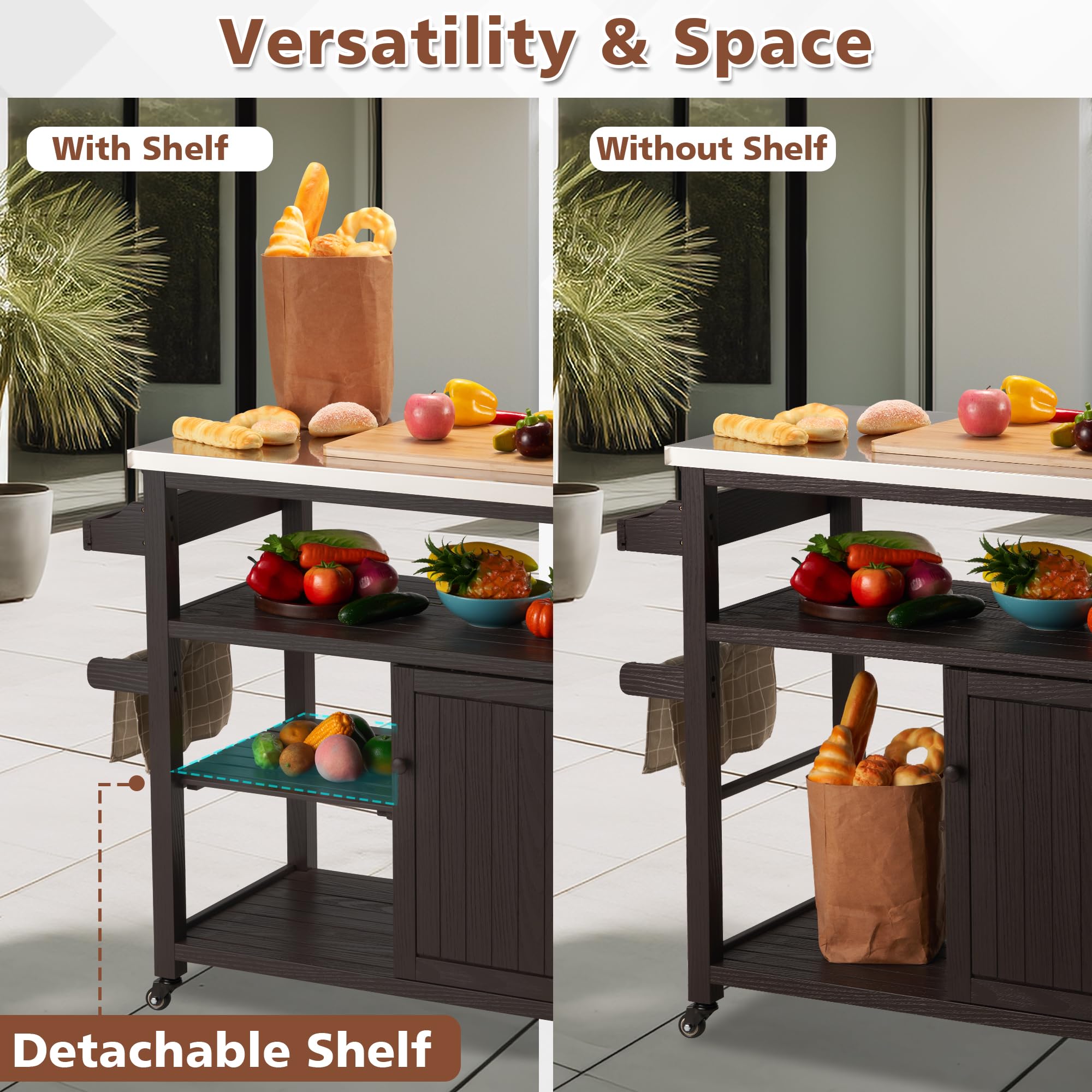 AHB Outdoor Grill Table Solid Wood Storage Cabinet, Rolling Kitchen Island, Movable Bar Cart with Stainless Steel Top for Outside Patio, Backyard, Garden (Brown)