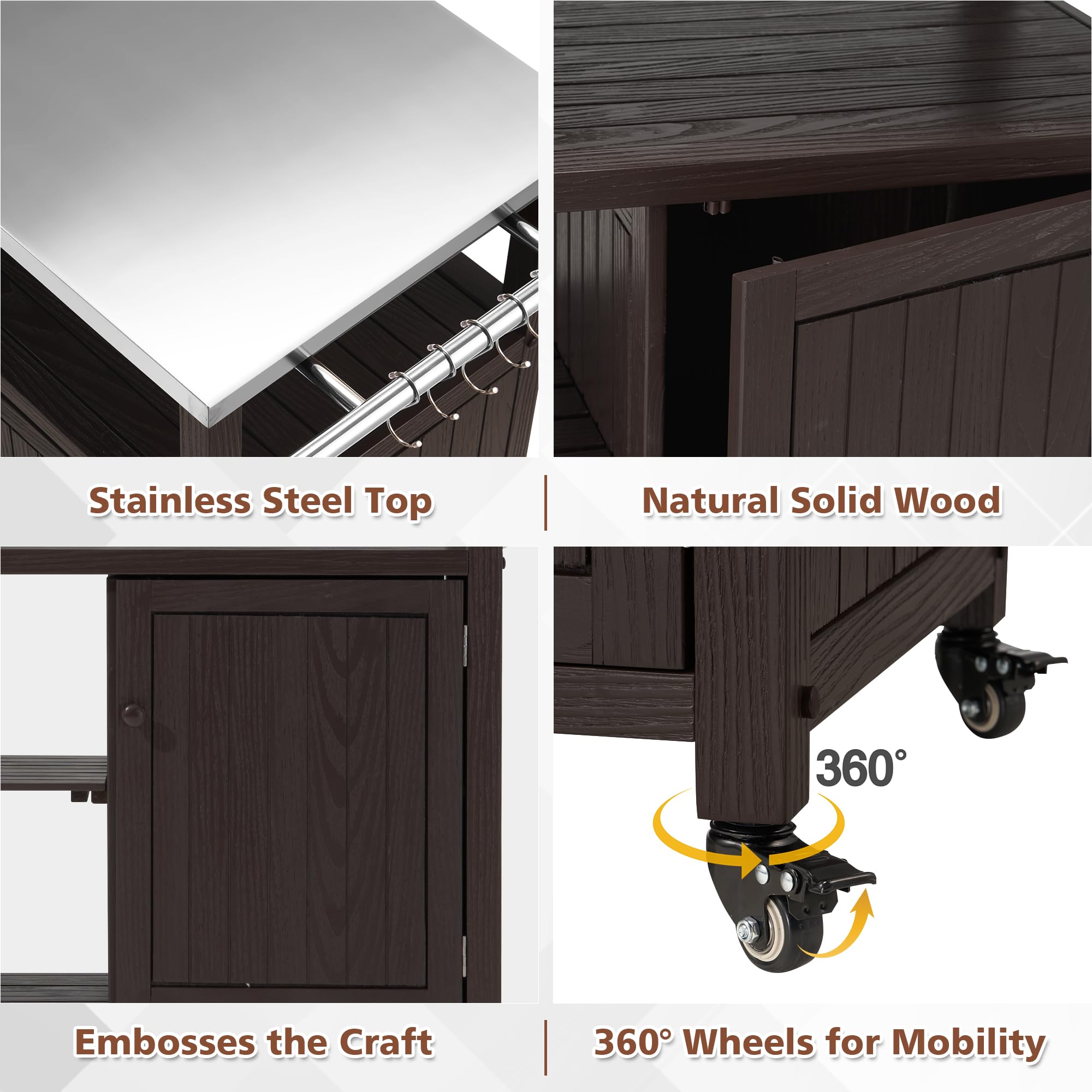 AHB Outdoor Grill Table Solid Wood Storage Cabinet, Rolling Kitchen Island, Movable Bar Cart with Stainless Steel Top for Outside Patio, Backyard, Garden (Brown)
