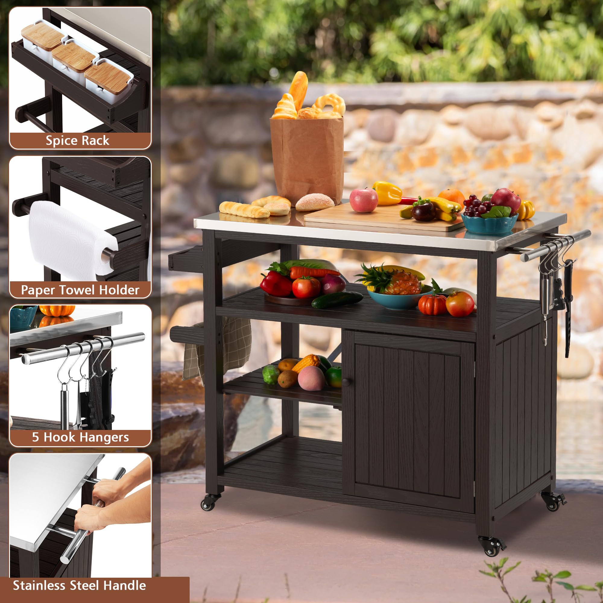 AHB Outdoor Grill Table Solid Wood Storage Cabinet, Rolling Kitchen Island, Movable Bar Cart with Stainless Steel Top for Outside Patio, Backyard, Garden (Brown)
