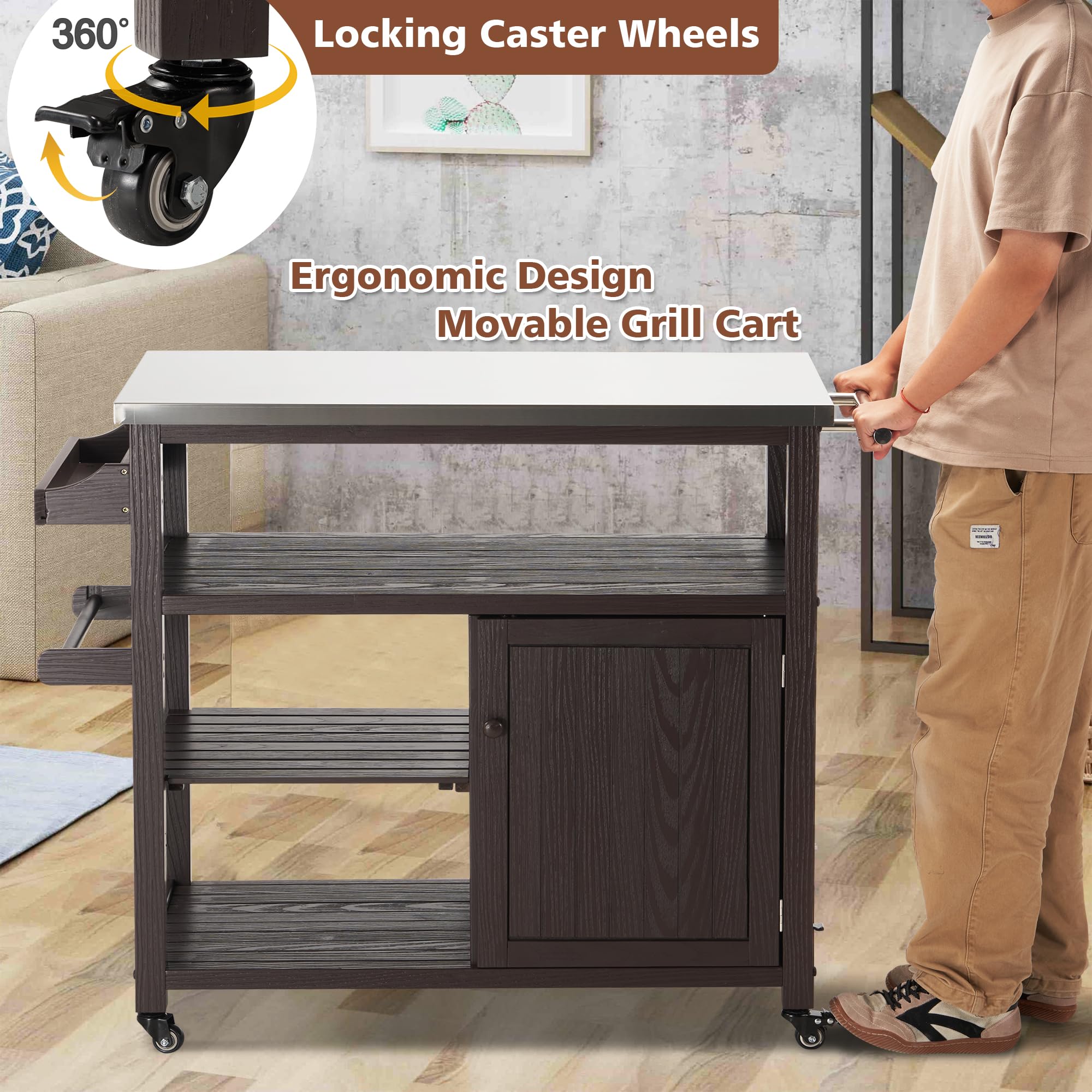 AHB Outdoor Grill Table Solid Wood Storage Cabinet, Rolling Kitchen Island, Movable Bar Cart with Stainless Steel Top for Outside Patio, Backyard, Garden (Brown)