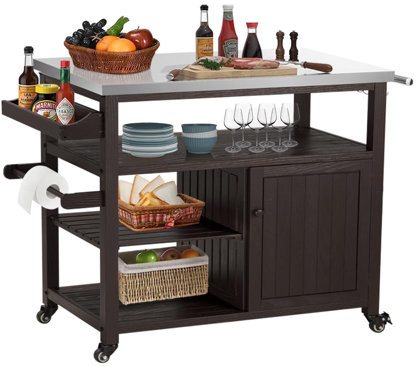 AHB Outdoor Grill Table Solid Wood Storage Cabinet, Rolling Kitchen Island, Movable Bar Cart with Stainless Steel Top for Outside Patio, Backyard, Garden (Brown)