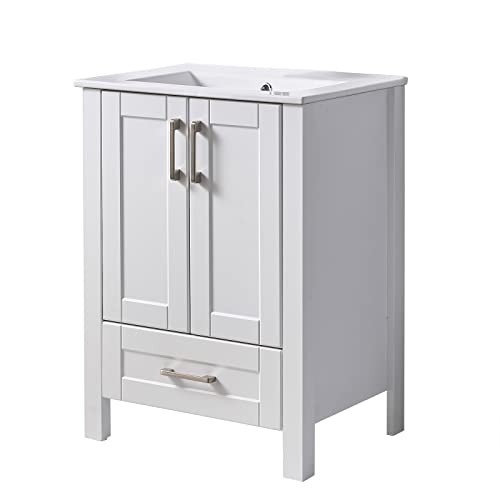 Popity home 24 Inch Small Bathroom Vanity with Sink, Modern White Bathroom Vanity, Wood Standing Bathroom Vanity Set with Ceramic Vessel Sink 2 Doors 1 Drawer