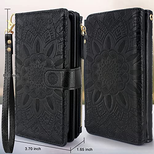 Harryshell Compatible with Google Pixel 8 Pro Case Wallet Detachable Magnetic Cover Leather Case Cover with Cash Coin Zipper Pocket 12 Card Slots Holder Wrist Strap Lanyard (Flower Black)