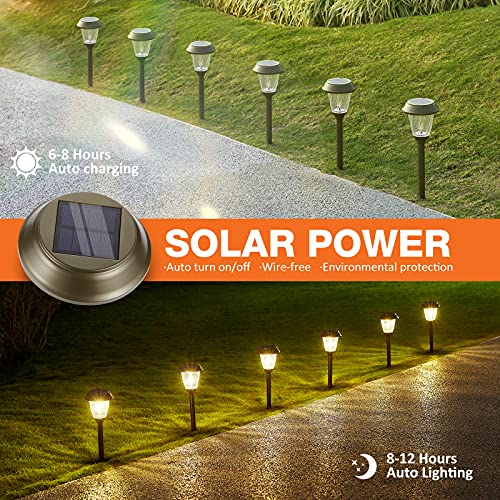 XMCOSY+ Solar Pathway Lights - 6 Pack Solar Lights Outdoor Waterproof, Auto On/Off 10-25 LM Warm White Glass Stainless Steel, Solar LED Lights Decorative for Yard Garden Lawn Driveway Walkway Sidewalk