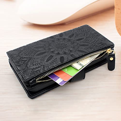 Harryshell Compatible with Google Pixel 8 Pro Case Wallet Detachable Magnetic Cover Leather Case Cover with Cash Coin Zipper Pocket 12 Card Slots Holder Wrist Strap Lanyard (Flower Black)