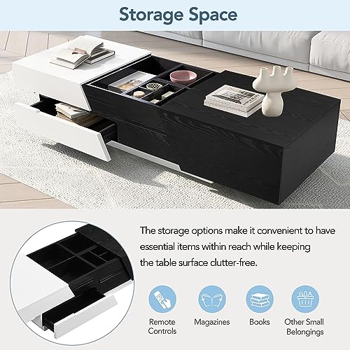 Merax Coffee Table for Living Room, Extendable Coffee Table with Sliding Top & Hidden Storage Compartment, Modern Cocktail Table Center Table for Office (White & Black)