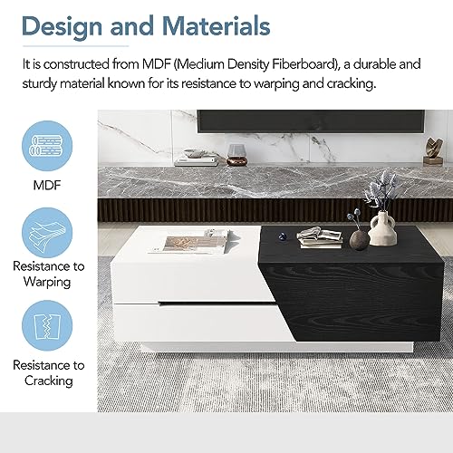 Merax Coffee Table for Living Room, Extendable Coffee Table with Sliding Top & Hidden Storage Compartment, Modern Cocktail Table Center Table for Office (White & Black)