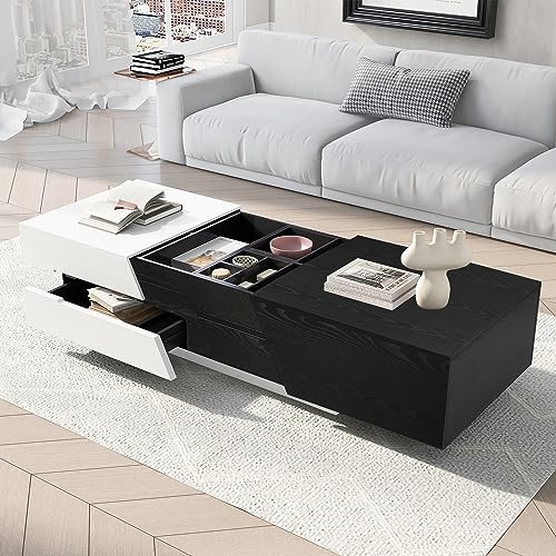 Merax Coffee Table for Living Room, Extendable Coffee Table with Sliding Top & Hidden Storage Compartment, Modern Cocktail Table Center Table for Office (White & Black)