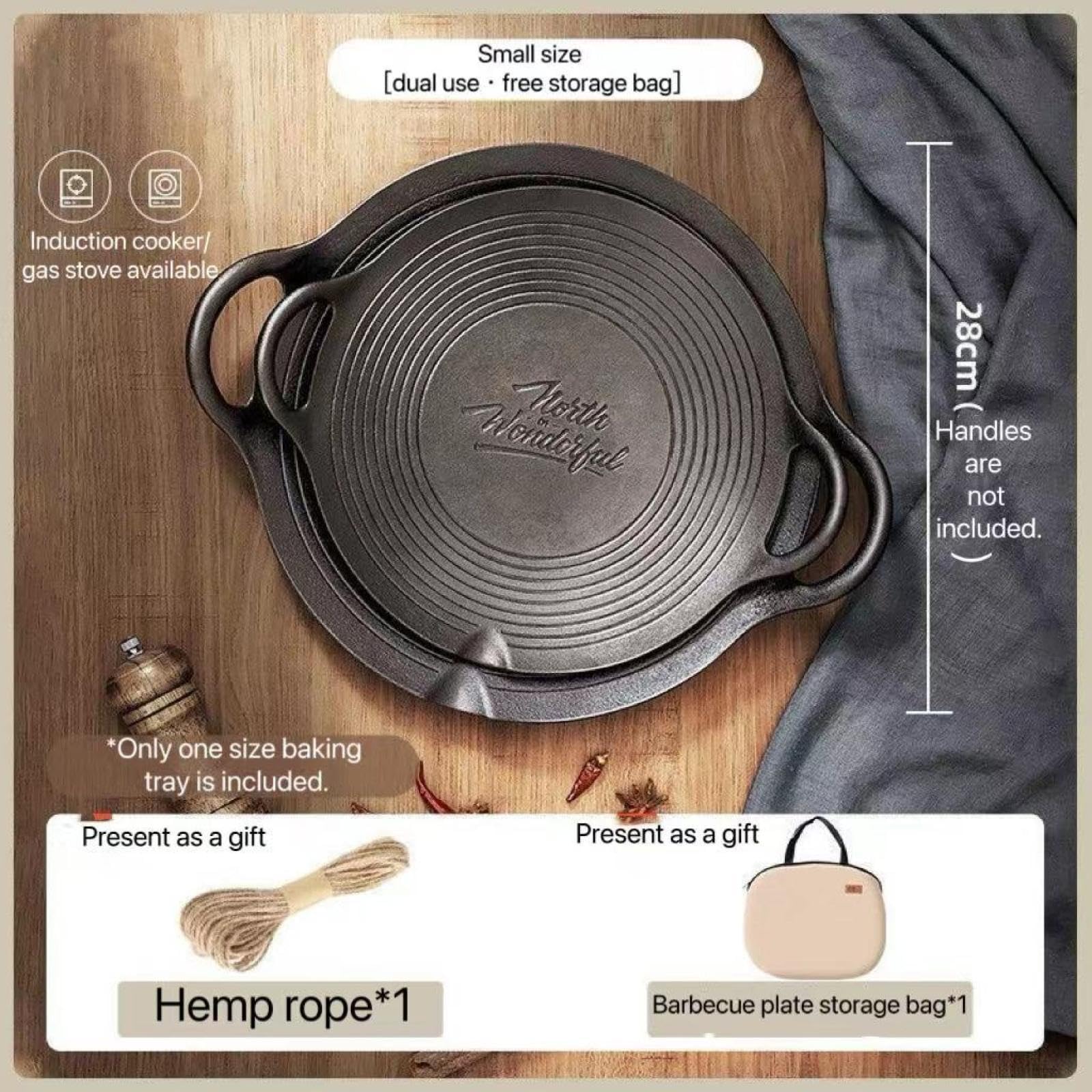 HAZURE Outdoor Grill pan cast Iron pan Casserole Grill pan Korean Style teppanyaki Grill pan barbecure Grill pan for Home use Round Ear Baking Dish 33cm