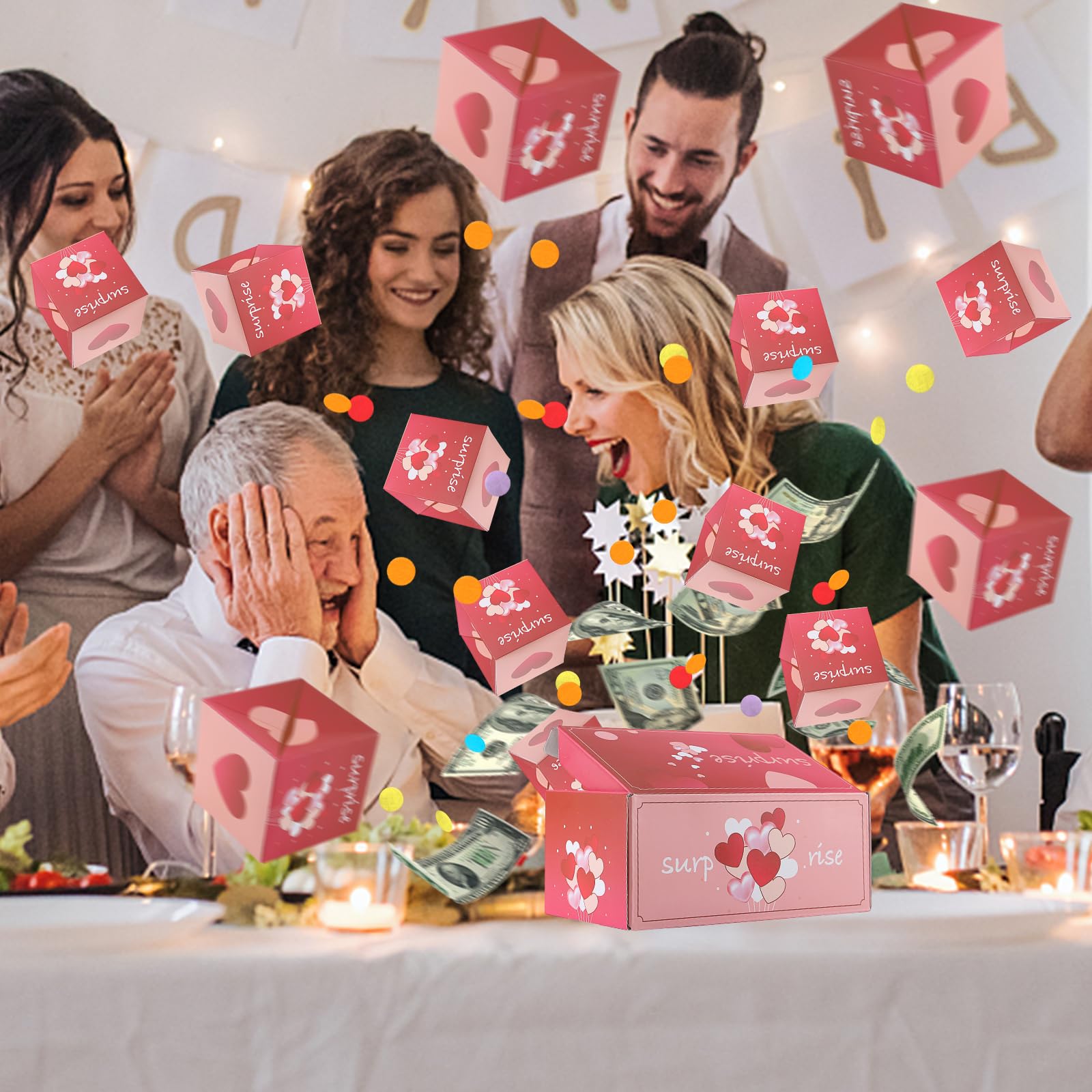 Yawlsow Surprise Box Gift Box Explosion for Money, Exploding Surprise Box Gift Box with Confetti, Luxury Cash Explosion Gift Box for Valentine Proposal Birthday Anniversary (Red-Best Wishes-12PCS)