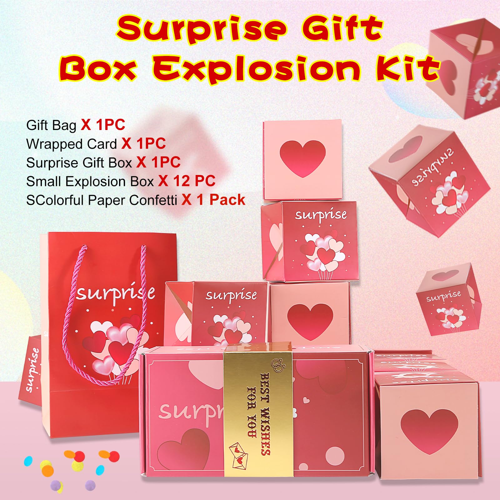 Yawlsow Surprise Box Gift Box Explosion for Money, Exploding Surprise Box Gift Box with Confetti, Luxury Cash Explosion Gift Box for Valentine Proposal Birthday Anniversary (Red-Best Wishes-12PCS)