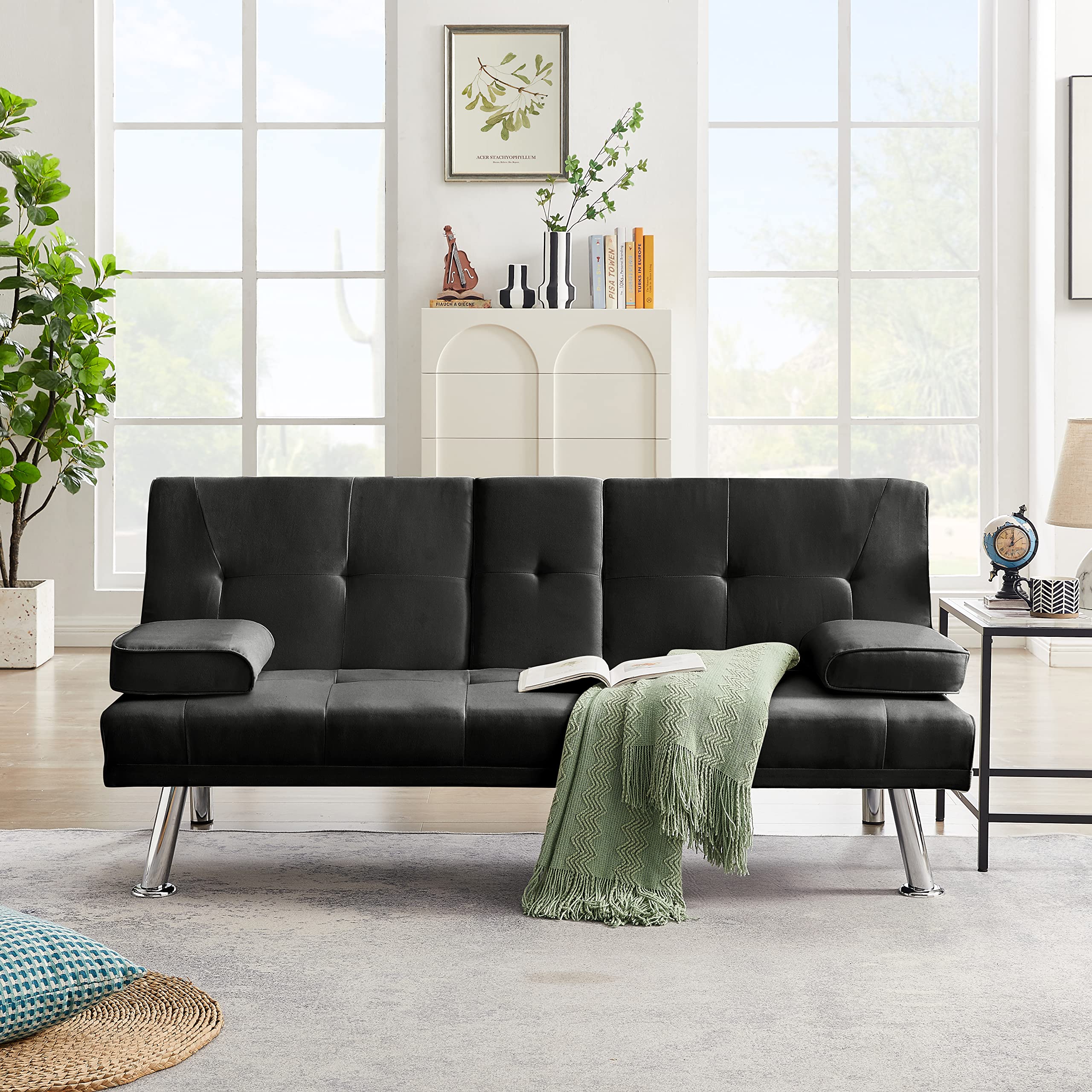 Foldable Convertible Sleeper Sofa Bed with 2 Cupholders,Versatile Futon Couches with Pillow-top Armrest and Sturdy Legs, Two Seater Tufted Comfy Sofa & Couches for Living Room, Bedroom, Small Space