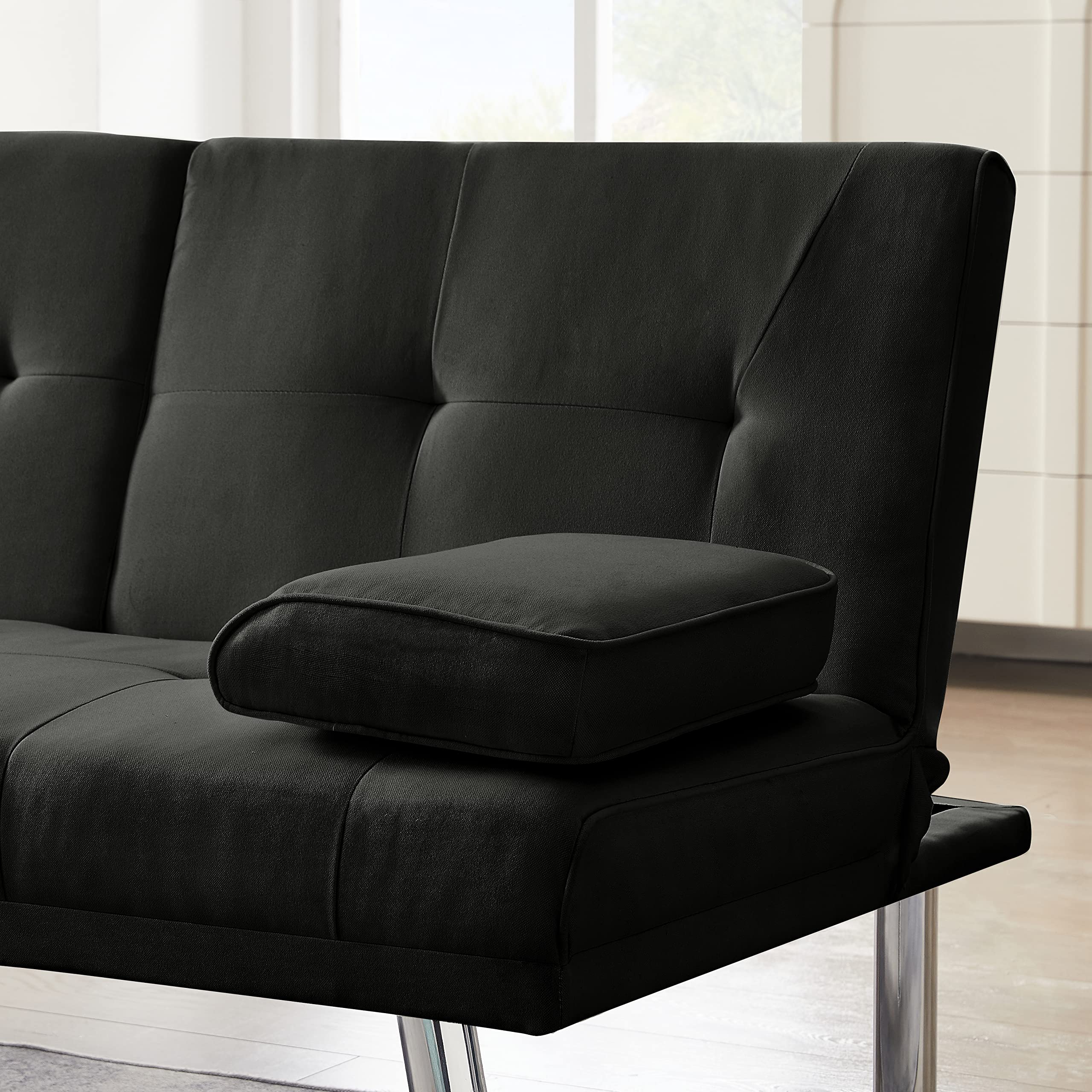 Foldable Convertible Sleeper Sofa Bed with 2 Cupholders,Versatile Futon Couches with Pillow-top Armrest and Sturdy Legs, Two Seater Tufted Comfy Sofa & Couches for Living Room, Bedroom, Small Space