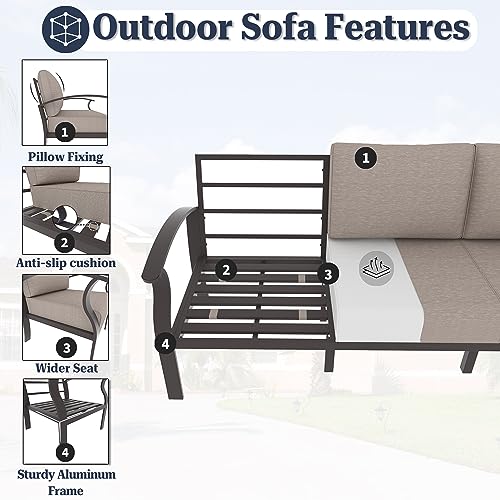 Delnavik Patio Furniture Set,5 Pieces Modern Outdoor Conversation Set w/43in Gas Fire Pit Table, Outdoor Metal Sectional Sofa with 55000 BTU Propane Fire Pit, Sand