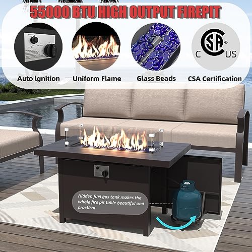 Delnavik Patio Furniture Set,5 Pieces Modern Outdoor Conversation Set w/43in Gas Fire Pit Table, Outdoor Metal Sectional Sofa with 55000 BTU Propane Fire Pit, Sand