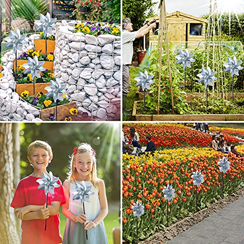 16 PCS Reflective Pinwheels with Stakes, NOVWANG Extra Sparkly Pinwheels for Yard and Darden, Garden Pinwheels Bulk, Bird and Animal Deterrent Device to Scare Birds Away from Patio(Silver)