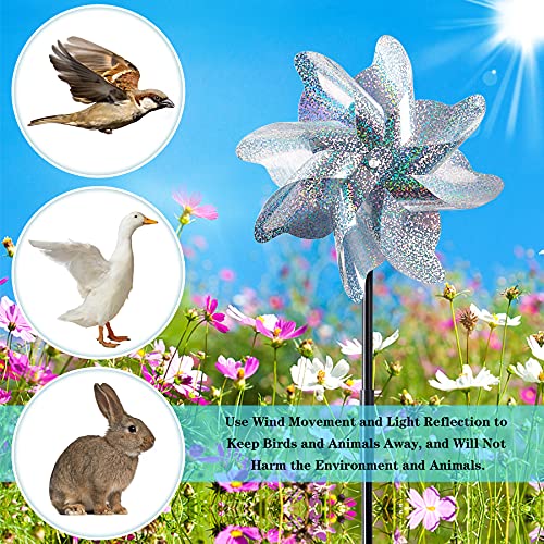 16 PCS Reflective Pinwheels with Stakes, NOVWANG Extra Sparkly Pinwheels for Yard and Darden, Garden Pinwheels Bulk, Bird and Animal Deterrent Device to Scare Birds Away from Patio(Silver)