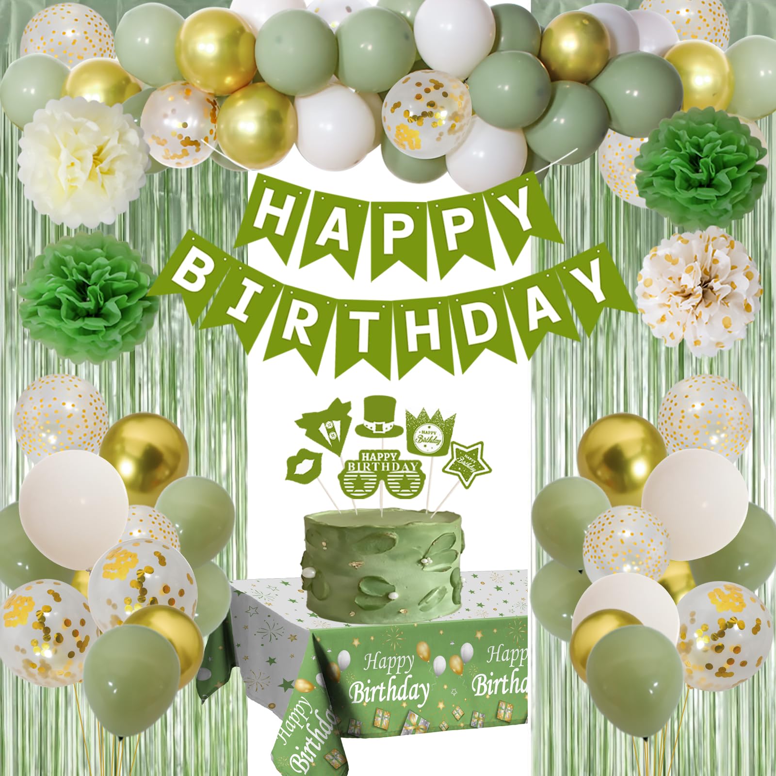 Sage Green Birthday Decorations for Women Girls, Olive Green Happy Birthday Party Decorations, Green Happy Birthday Banner Birthday Balloons Fringe Curtain Tablecolth Bday Party Supplies Gold White