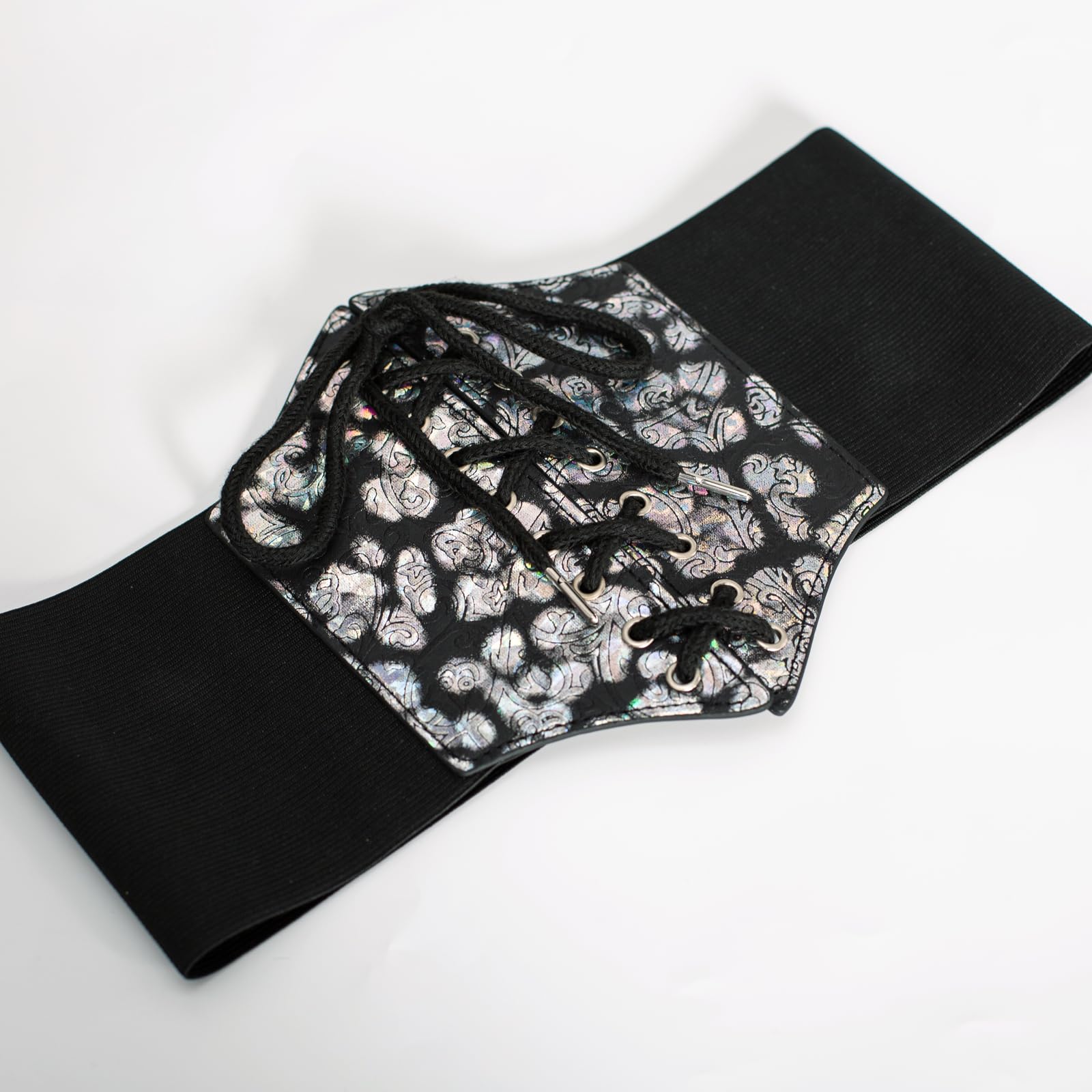 GRACE KARIN Women Lace-up Corset Belt Elastic Wide Belt Shiny Sparkly Belt for Renaissance Faire Costume(Black-Shiny,XL)