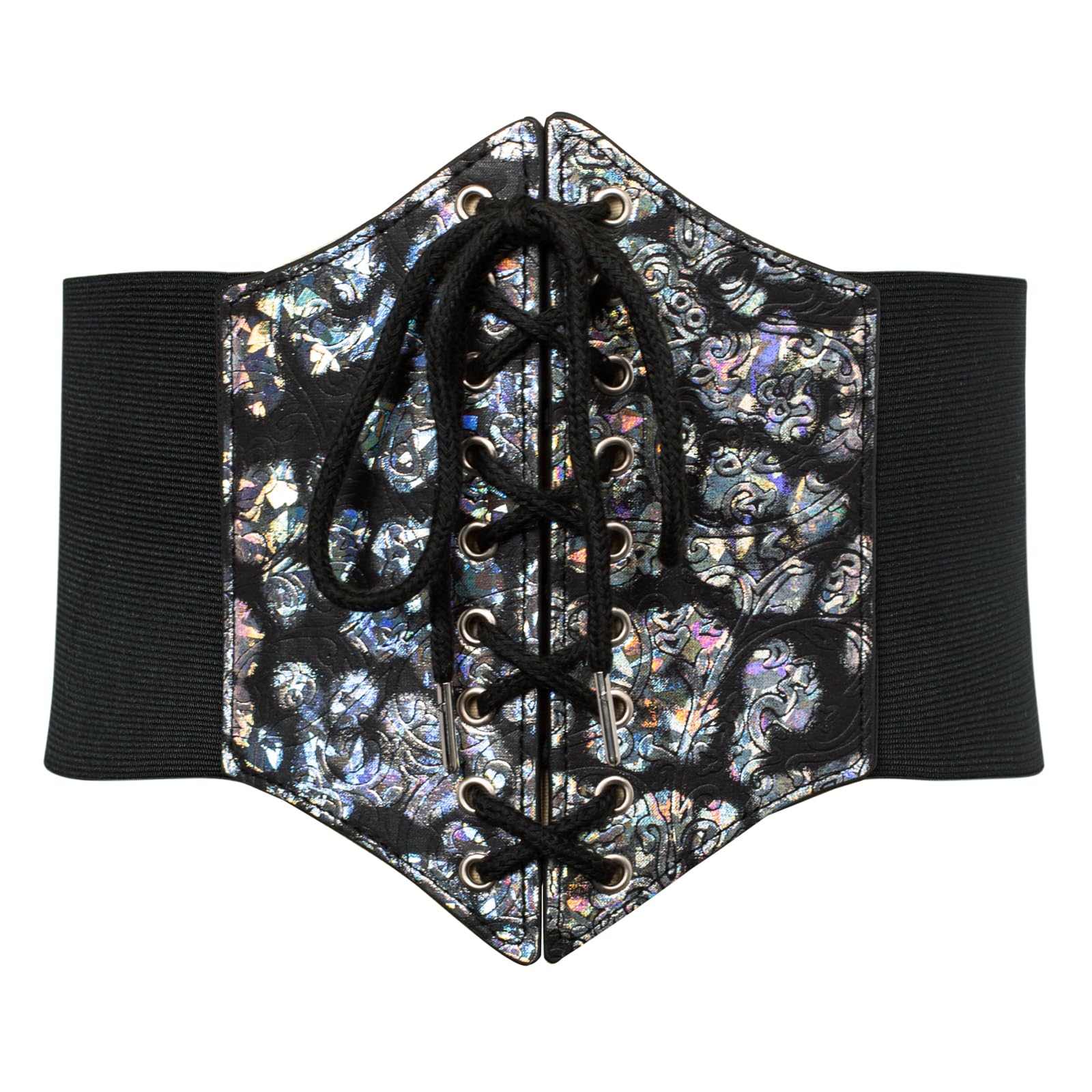 GRACE KARIN Women Lace-up Corset Belt Elastic Wide Belt Shiny Sparkly Belt for Renaissance Faire Costume(Black-Shiny,XL)