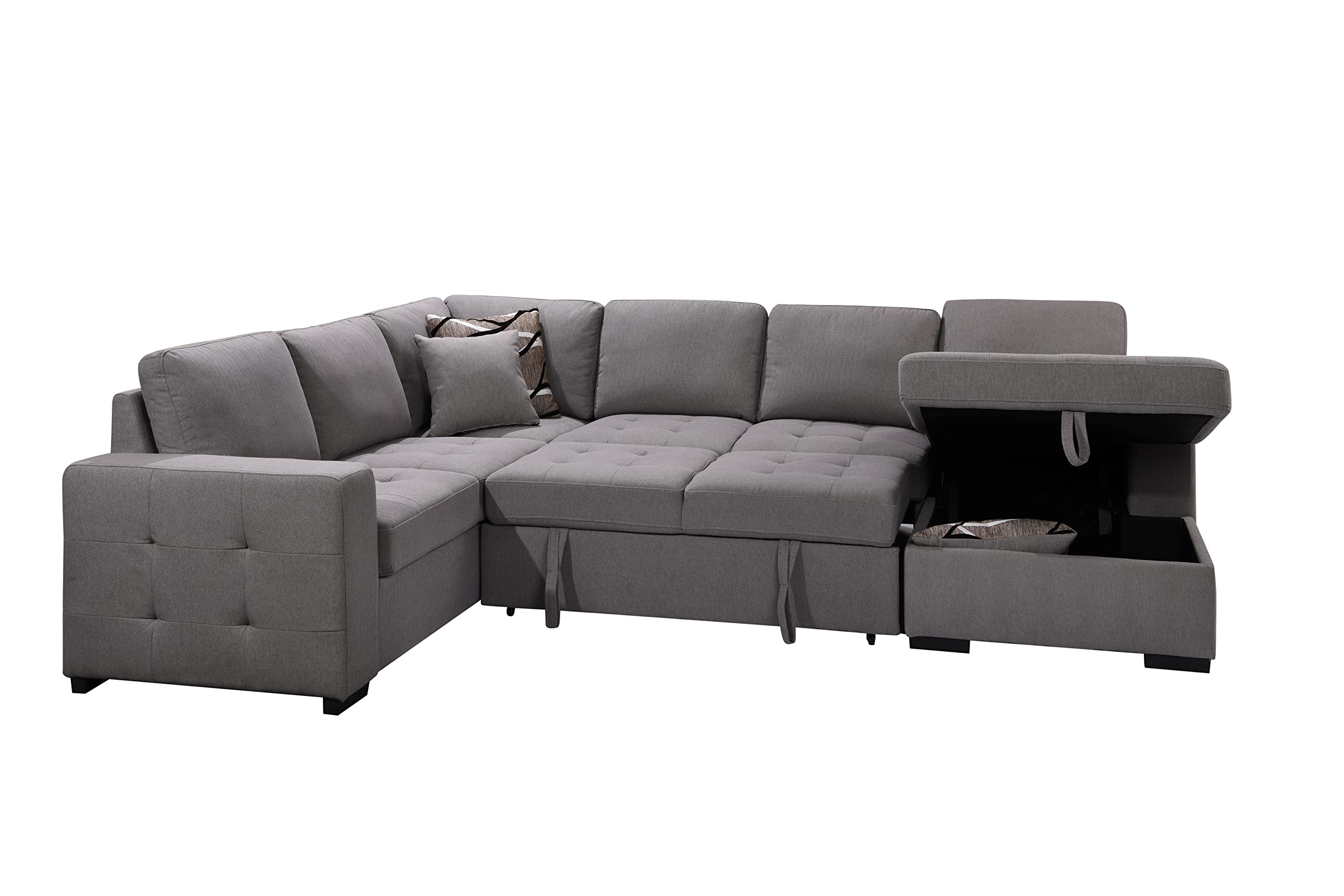 Eafurn U Shaped Sectional Pull Out Bed and Storage Chaise, Oversized Convertible Sleeper Detachable Cushion Back,Comfy Upholstered Sofa & Couch Sofabed for Living Room, Grey 6 Seater 123"