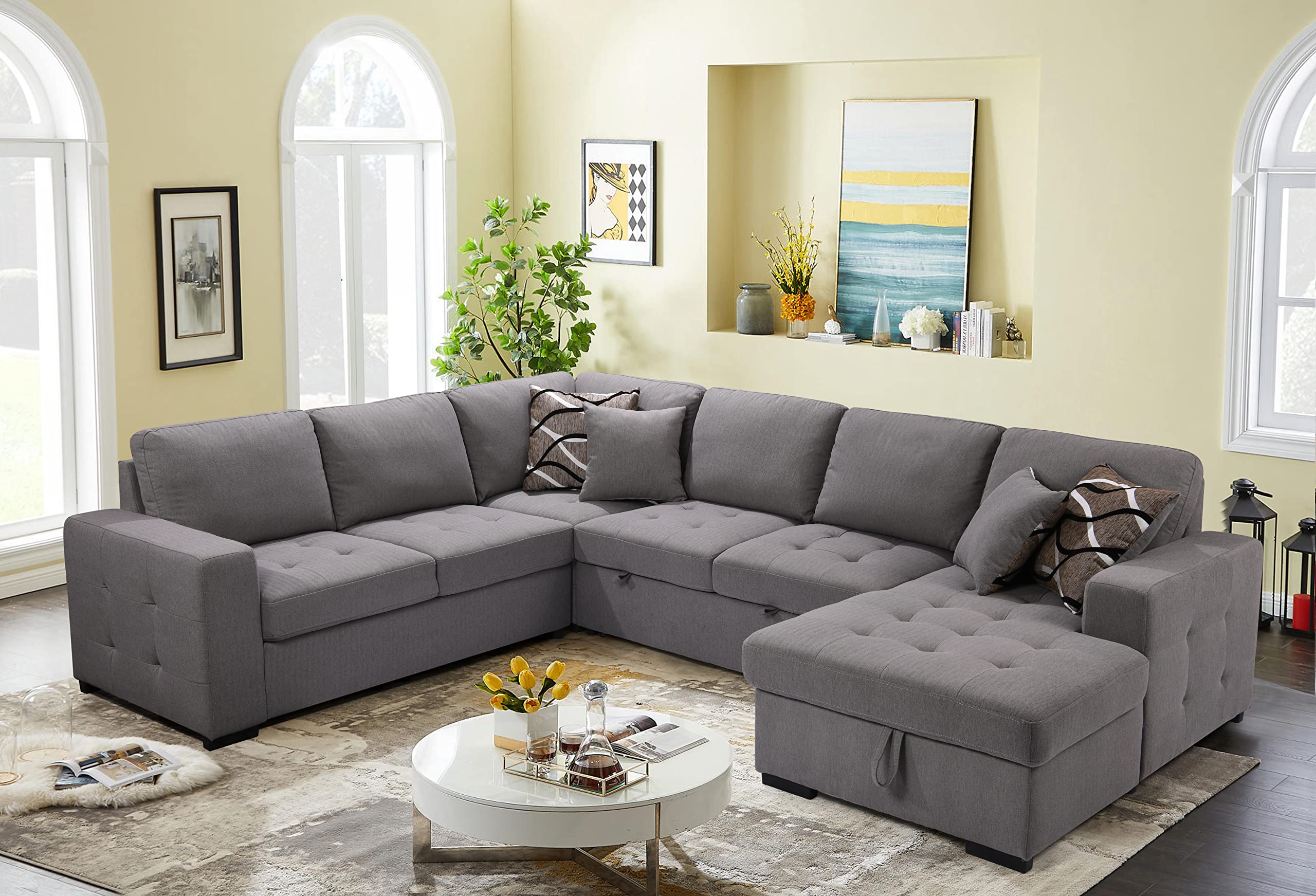 Eafurn U Shaped Sectional Pull Out Bed and Storage Chaise, Oversized Convertible Sleeper Detachable Cushion Back,Comfy Upholstered Sofa & Couch Sofabed for Living Room, Grey 6 Seater 123"