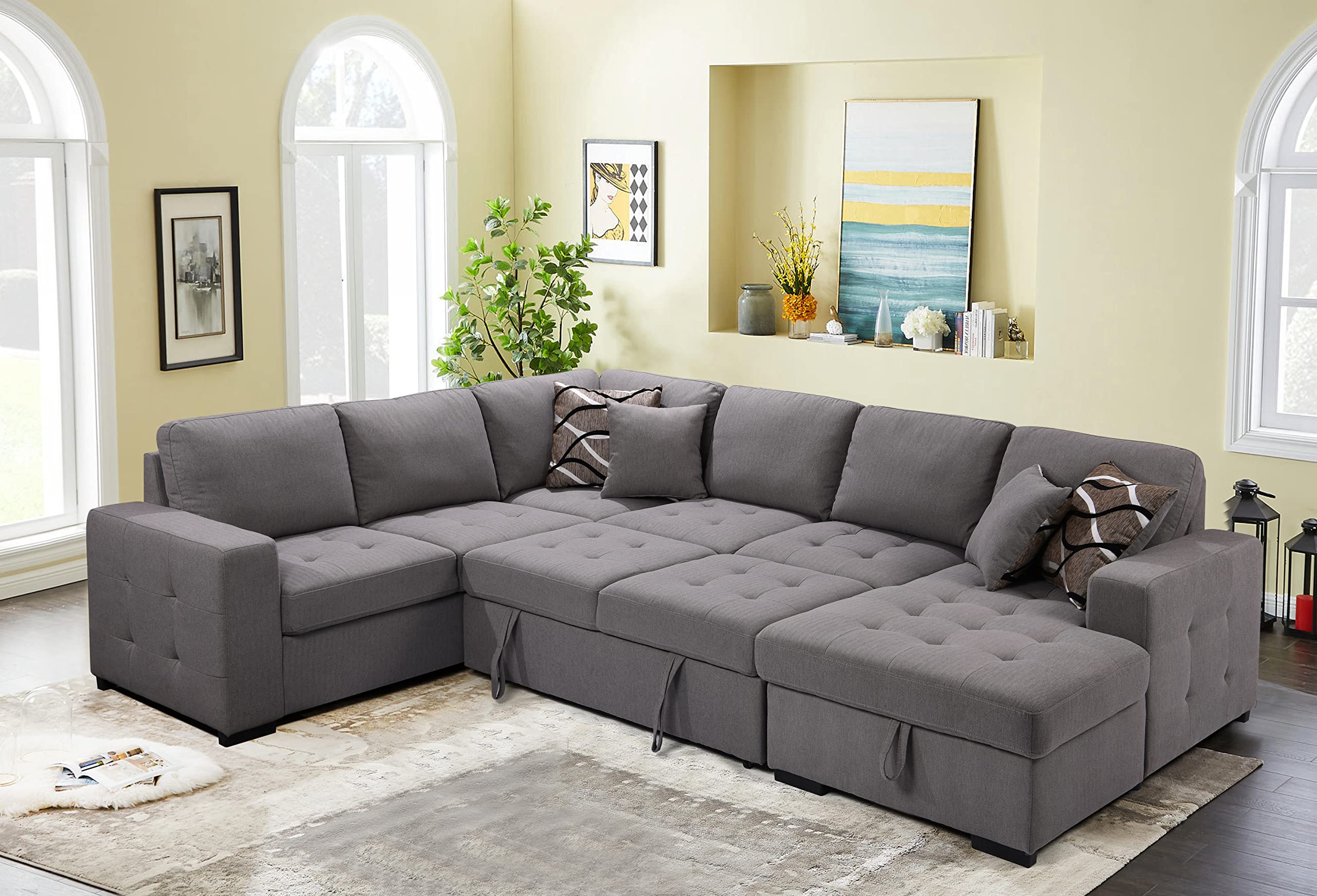 Eafurn U Shaped Sectional Pull Out Bed and Storage Chaise, Oversized Convertible Sleeper Detachable Cushion Back,Comfy Upholstered Sofa & Couch Sofabed for Living Room, Grey 6 Seater 123"