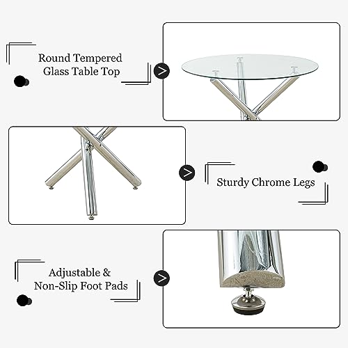 HAIZAO Dining Table Set for 2, Modern Round Tempered Glass Top Table and PU Leather Chairs for Dining Room, Small Living Room, Kitchen, Plain Back, Black with Silver Base