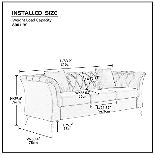 RUNWON 3 Seater 84.6'' Modern Chesterfield Curved Sectional Sofa Tufted Velvet 3 Seat Couch Button Tufed with Scroll Arms and Gold Metal Legs for Small Space Apartment Living Room, Grey