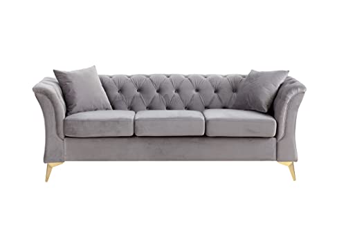 RUNWON 3 Seater 84.6'' Modern Chesterfield Curved Sectional Sofa Tufted Velvet 3 Seat Couch Button Tufed with Scroll Arms and Gold Metal Legs for Small Space Apartment Living Room, Grey