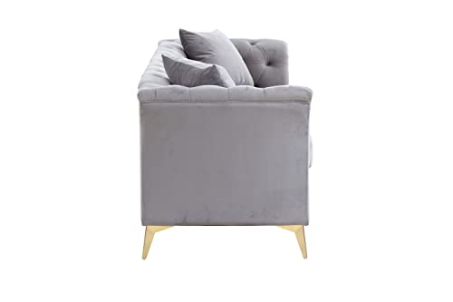 RUNWON 3 Seater 84.6'' Modern Chesterfield Curved Sectional Sofa Tufted Velvet 3 Seat Couch Button Tufed with Scroll Arms and Gold Metal Legs for Small Space Apartment Living Room, Grey