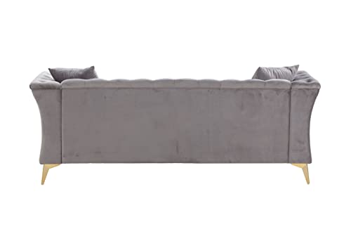 RUNWON 3 Seater 84.6'' Modern Chesterfield Curved Sectional Sofa Tufted Velvet 3 Seat Couch Button Tufed with Scroll Arms and Gold Metal Legs for Small Space Apartment Living Room, Grey