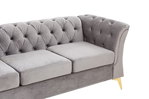 RUNWON 3 Seater 84.6'' Modern Chesterfield Curved Sectional Sofa Tufted Velvet 3 Seat Couch Button Tufed with Scroll Arms and Gold Metal Legs for Small Space Apartment Living Room, Grey