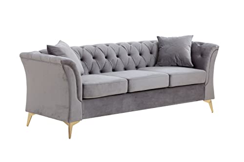 RUNWON 3 Seater 84.6'' Modern Chesterfield Curved Sectional Sofa Tufted Velvet 3 Seat Couch Button Tufed with Scroll Arms and Gold Metal Legs for Small Space Apartment Living Room, Grey