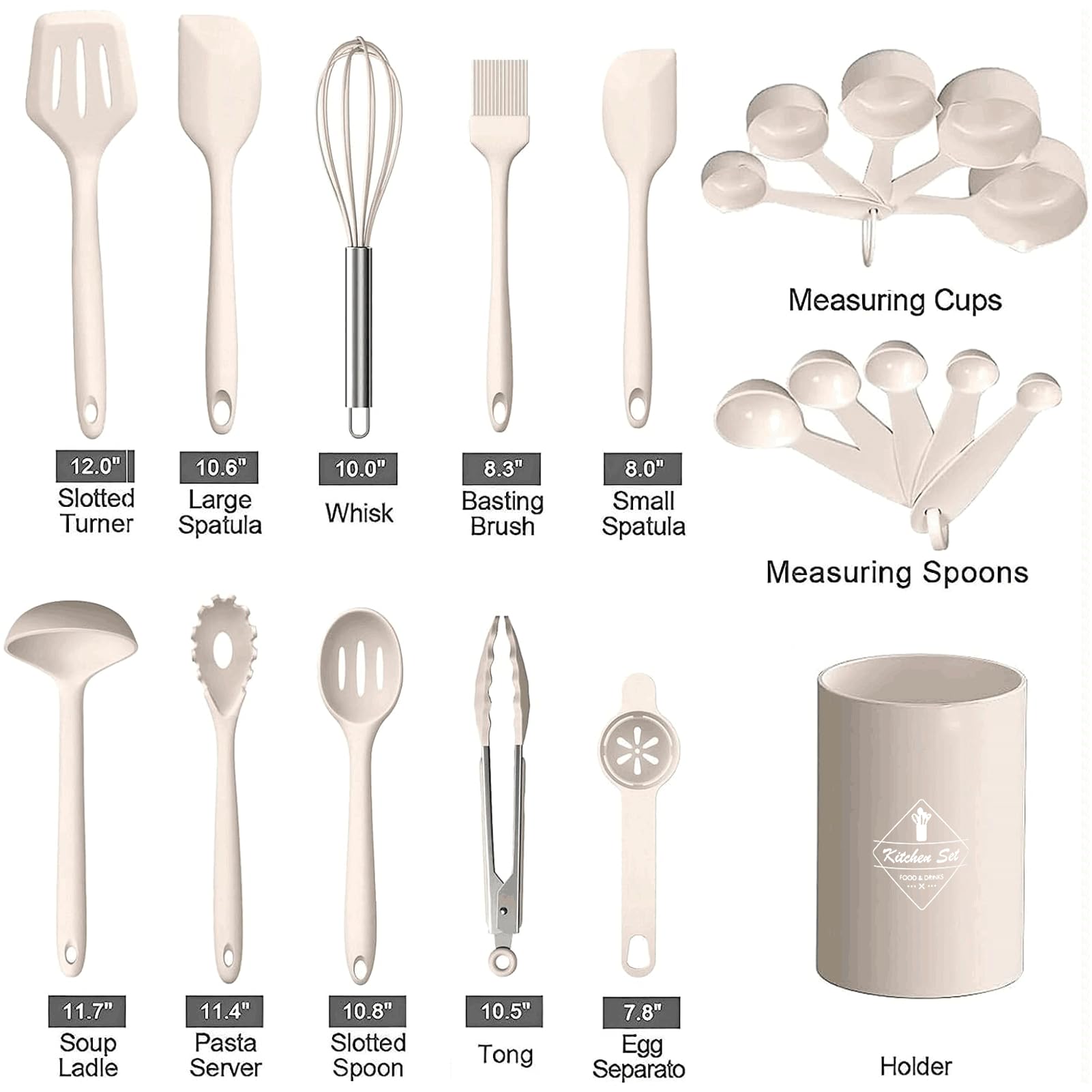 Silicone Kitchen Cooking Utensils Set,22 Pcs Heat Resistant Cooking Utensils Set, Tongs, Spoon, Spatula,Silicone Cooking Utensils Set for Nonstick Cookware,Kitchen Utensils Set (Khaki)